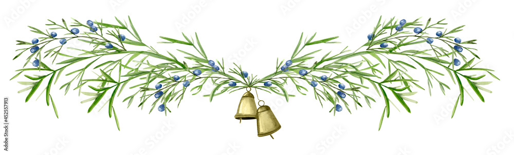 Juniper branches with berries and bells watercolor border. Template for ...