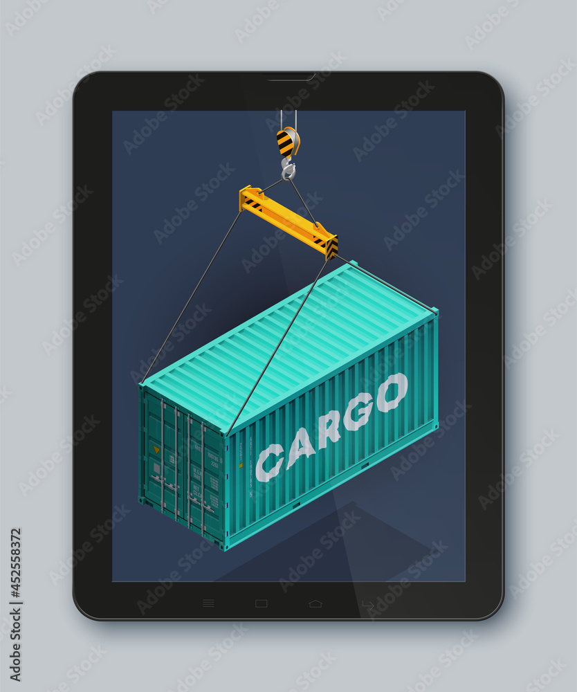 Isometric shipping container on touch screen tablet. Online Shopping ...