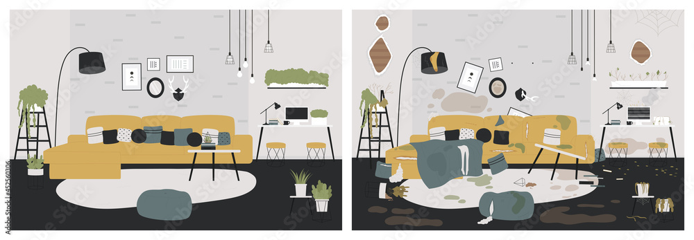 Clean and dirty stained home living room, mess vector illustration ...