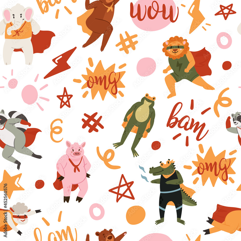 Superhero animals cute seamless pattern vector illustration. Cartoon ...