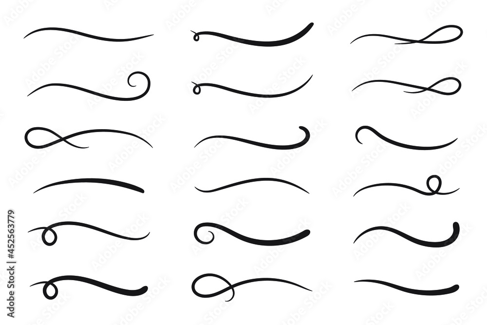 Hand drawn collection of curly swishes, swashes, swoops. Calligraphy ...