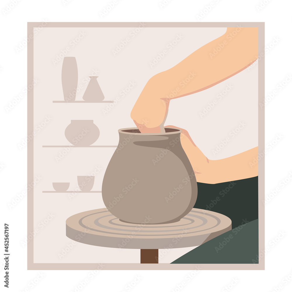 Pottery workshop. Potter makes pot of clay on pottery wheel. Vector ...