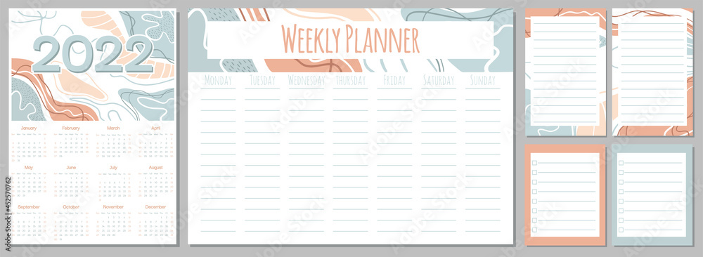 Calendar 2022, week planner and notes pages collection set with floral ...