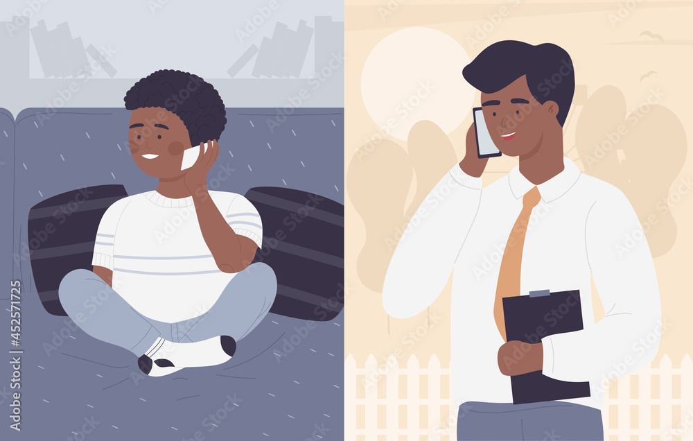 Father talking to son on phone, family communication vector ...