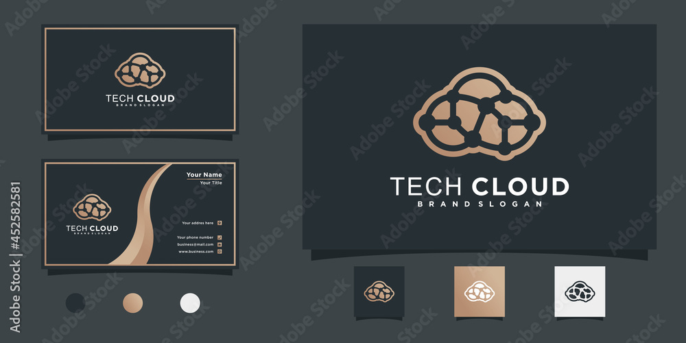 Tech cloud logo design with modern and cool line art style and business card design premium ...