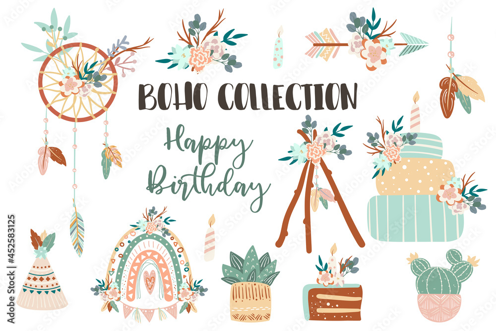 Boho chic collection of icons with feathers, flowers, floral ...