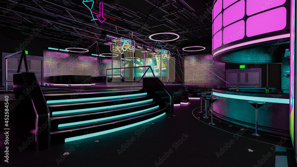 3D rendering of a futuristic cyberpunk nightclub interior and bar ...