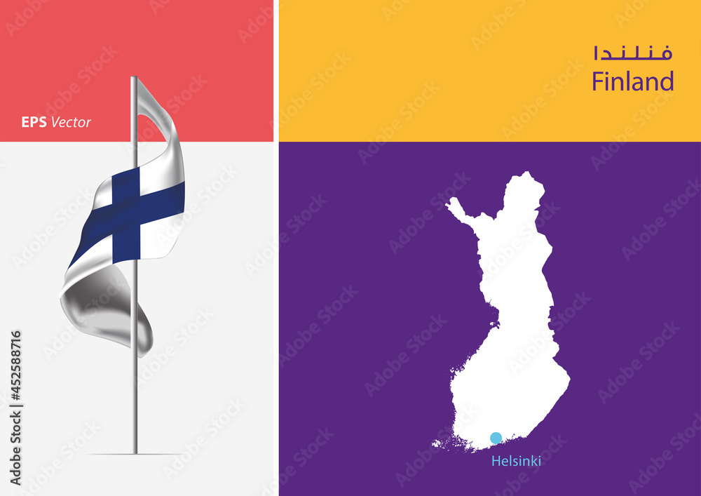 Flag of Finland on white background. Map of Finland with Capital ...