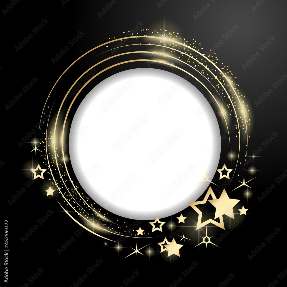 Round frame with gold stars and glitter. Set of sparkling frames with ...