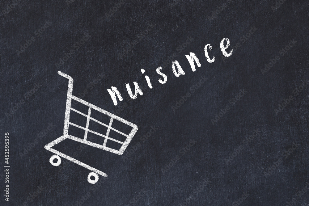 Chalk drawing of shopping cart and word nuisance on black chalboard ...