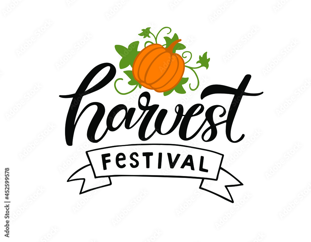 Harvest festival illustration with lettering, leaves, orange pumpkin ...
