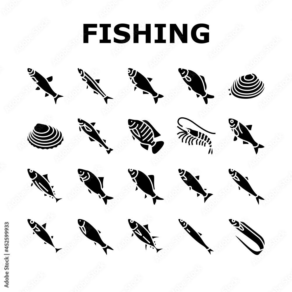 Commercial Fishing Aquaculture Icons Set Vector. Japanese Cockle And ...