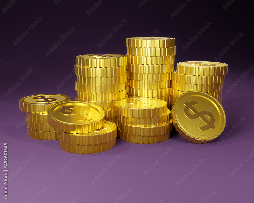 3d coin stack. Stack of golden dollar coin like income graph. 3d ...
