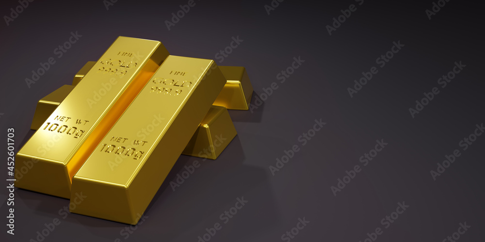 Stack of Pure gold bars on dark background with space for text. Stacked fine gold bars 1000g ...