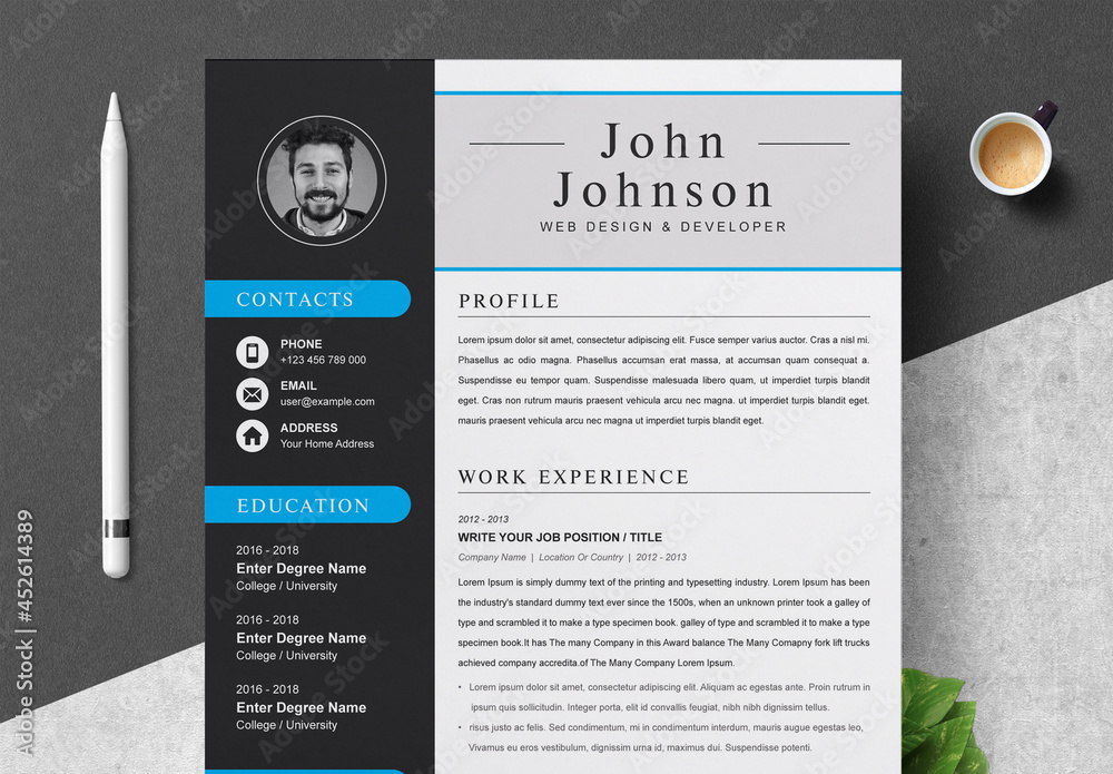 Resume Layout with Image Sidebar Stock Template | Adobe Stock