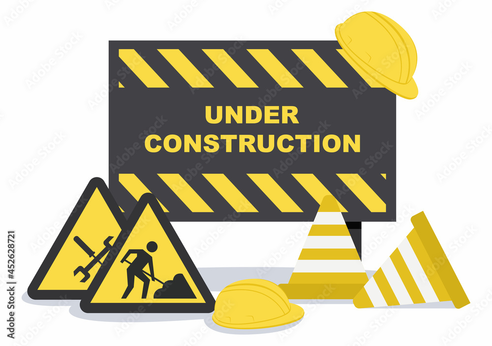 Under Construction With Symbol Worker Hold Stop or Road Sign, Tape ...