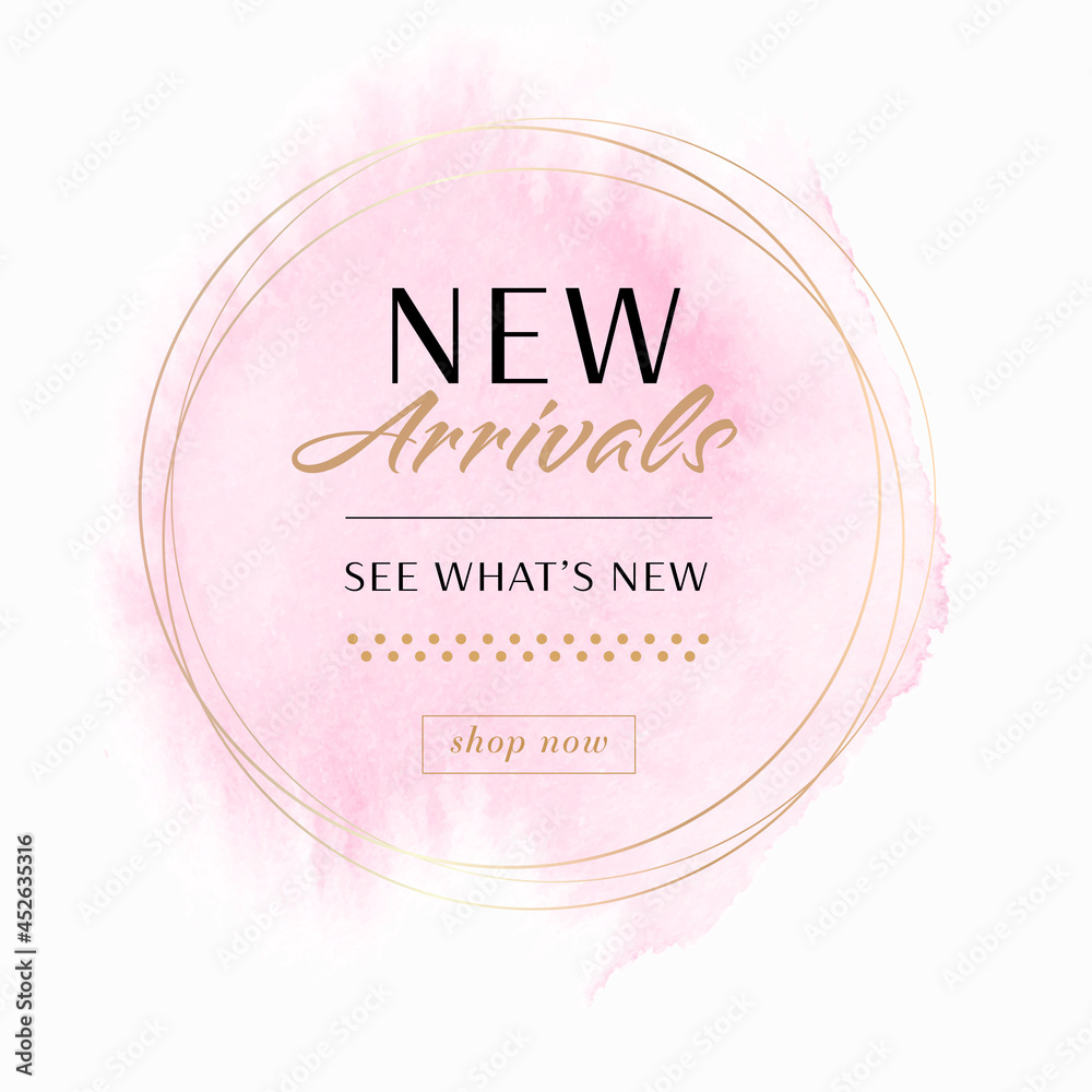 New Arrivals Sale sign over art subtle pink watercolor background ...