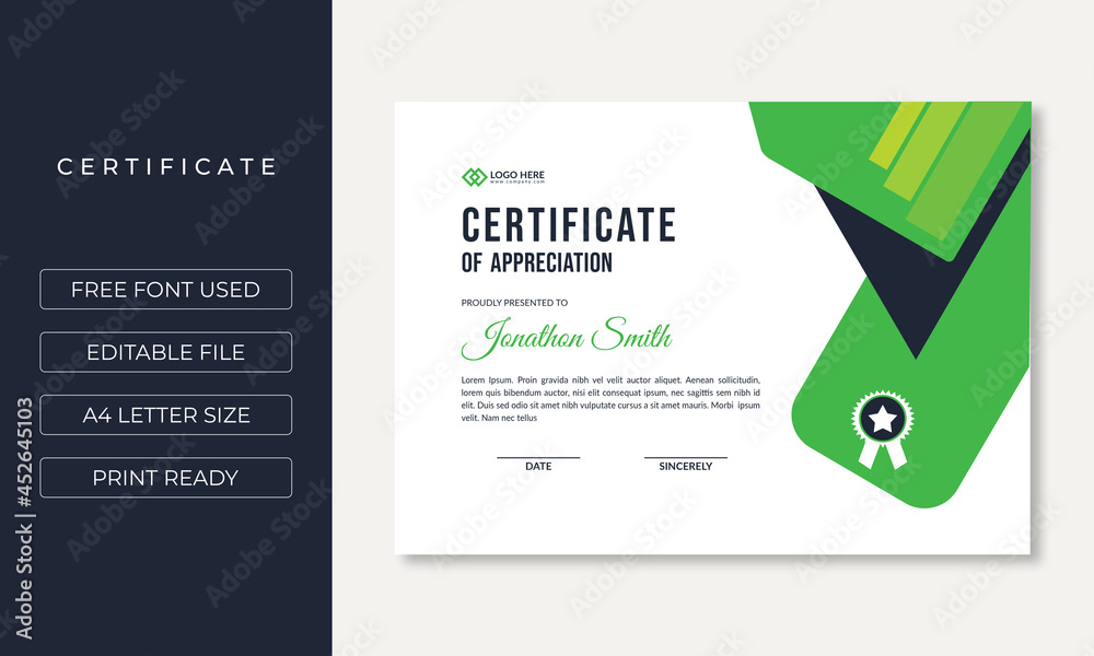 Beautiful certificate template green color background vector Stock ...