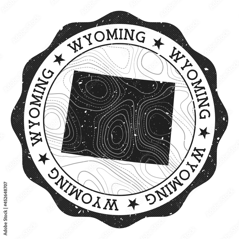 Wyoming outdoor stamp. Round sticker with map of us state with ...