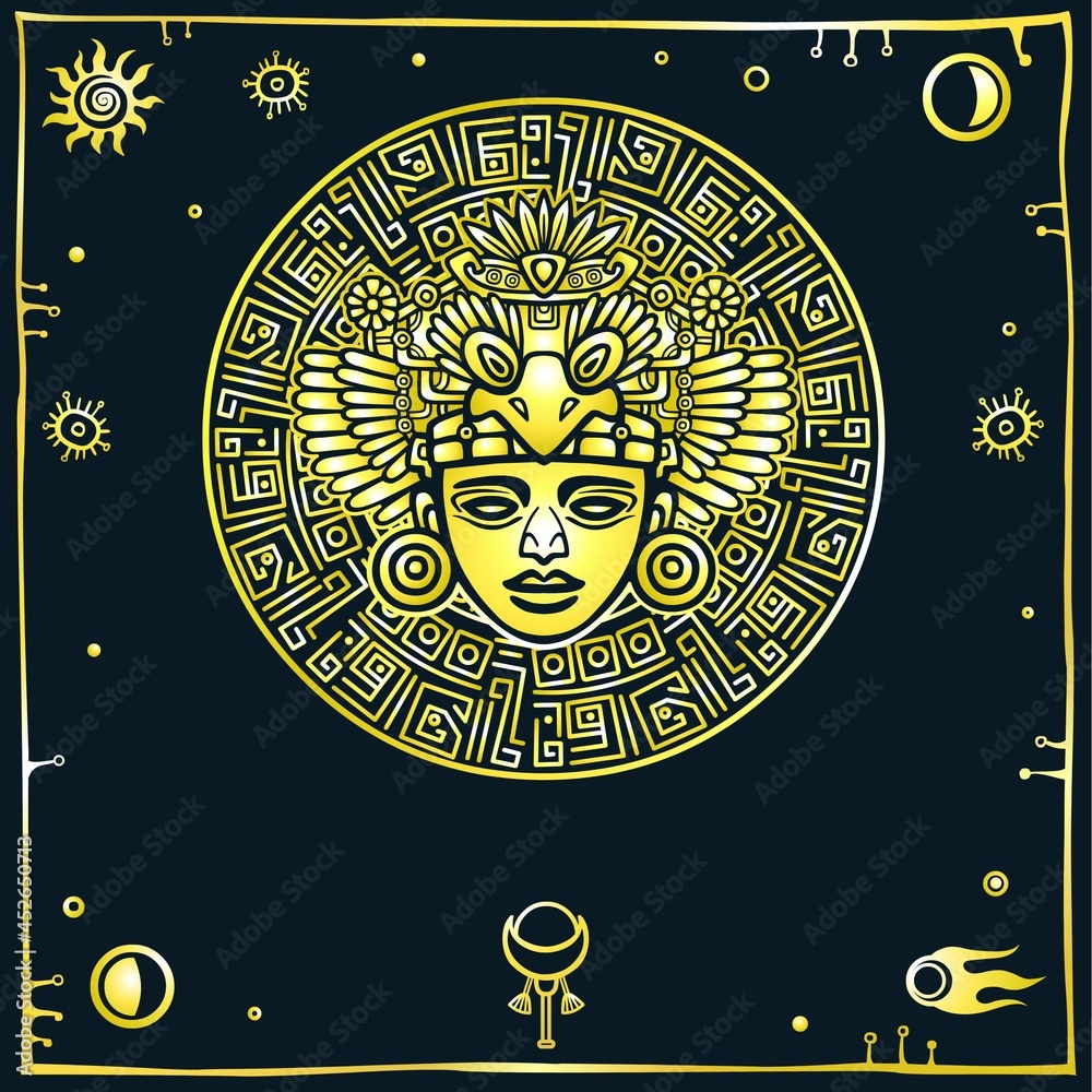 Linear drawing: decorative image of an ancient Indian deity. Space ...