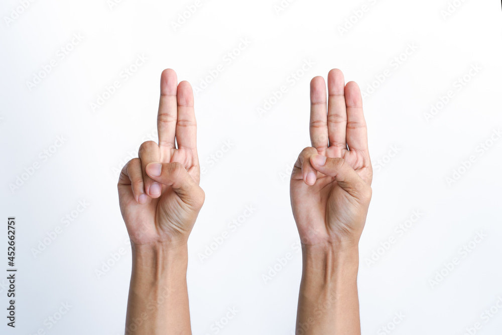 Hand with three fingers up and two fingers up isolated on white ...