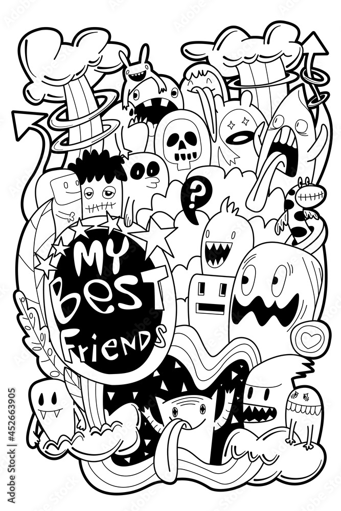 Best Friends Funny Cartoon Doodle Set.Happy Friendship Day. Vector Hand ...