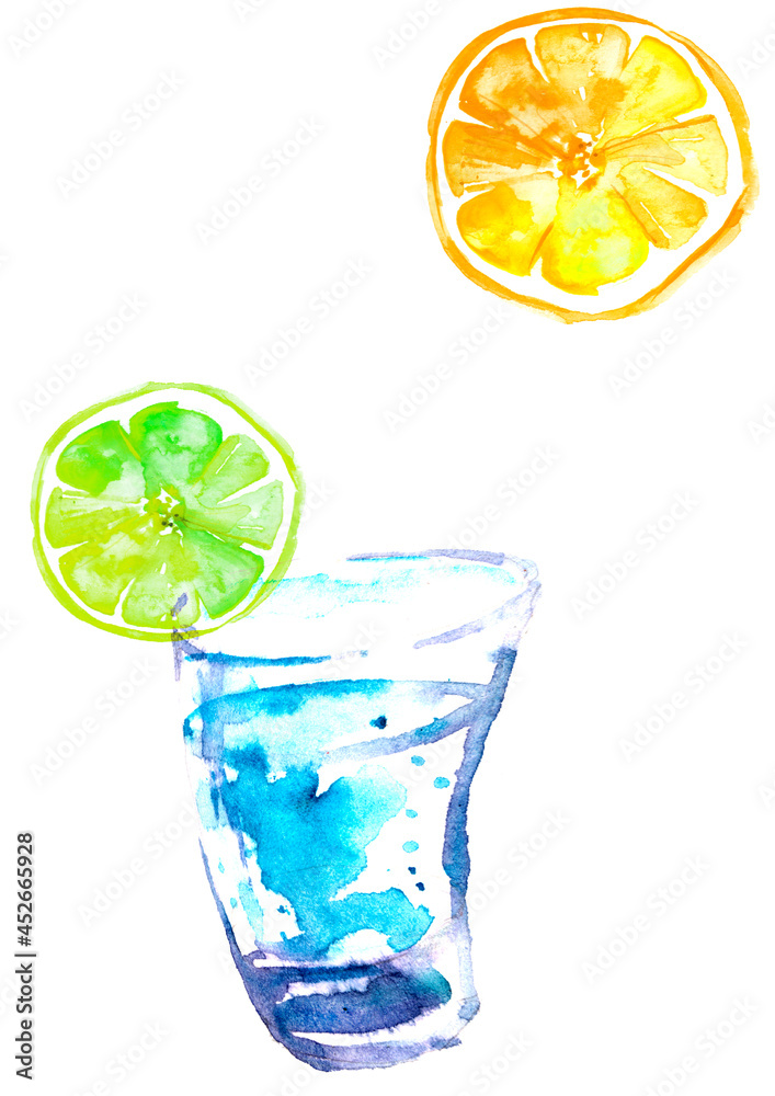 Watercolor drawing, illustration. A glass of vodka, a cocktail, an ...