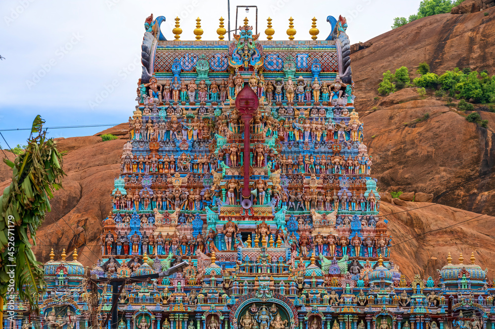 Old south indian temple in close up with full architecture details ...