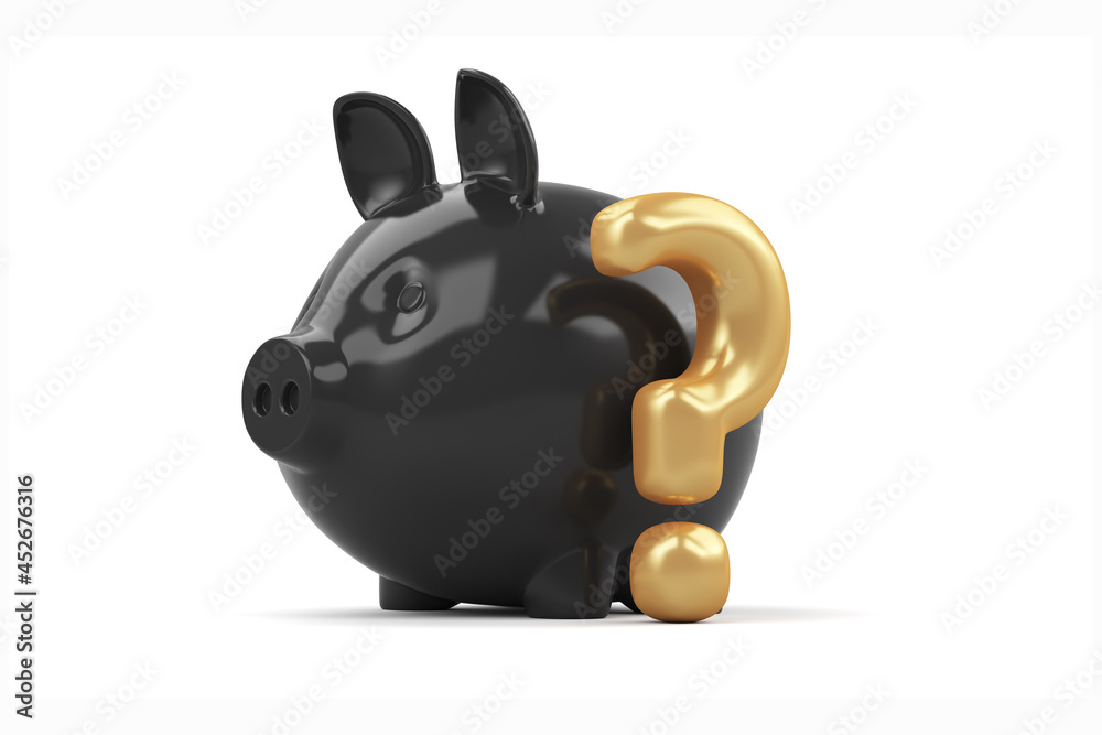 Black pig piggy bank and gold question mark on a white background. 3d ...