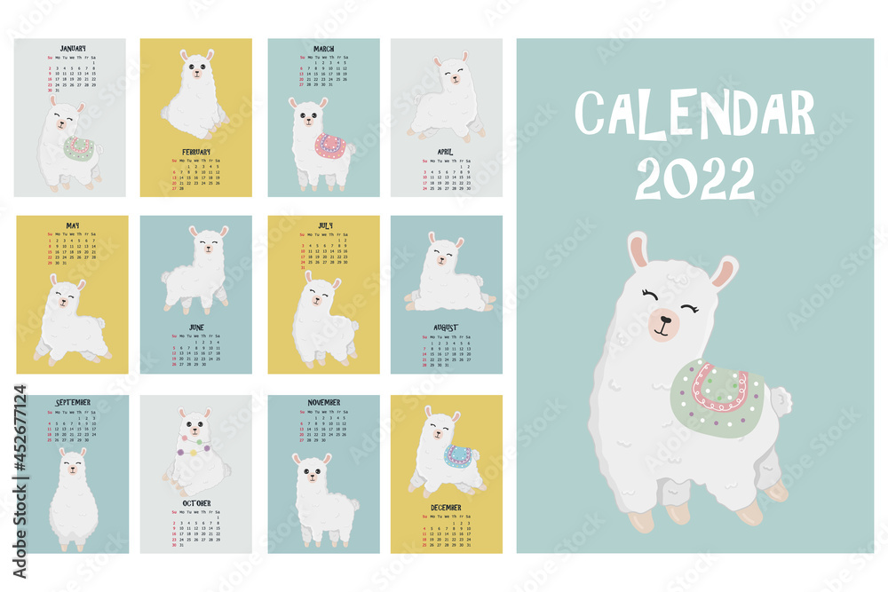 Cute calendar with llama character. 2022 calendar with alpaca ...