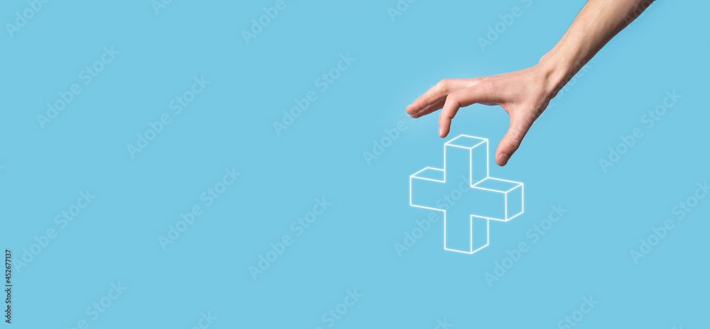 Hand hold 3D plus icon, man hold in hand offer positive thing such as ...