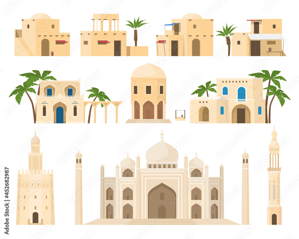 Traditional Arabic houses set vector flat illustration ethnic Islamic ...