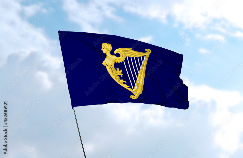 Flag of the Kingdom of Ireland, realistic 3d rendering in front of blue ...