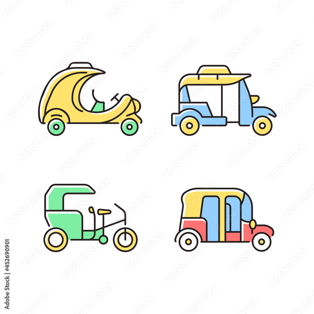 Transporting passengers business RGB color icons set. Coco taxi ...