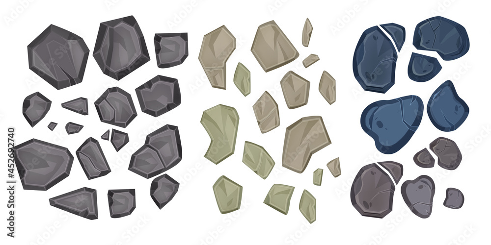 Stone vector illustration set, rock cartoon top view icon, gray rubble ...