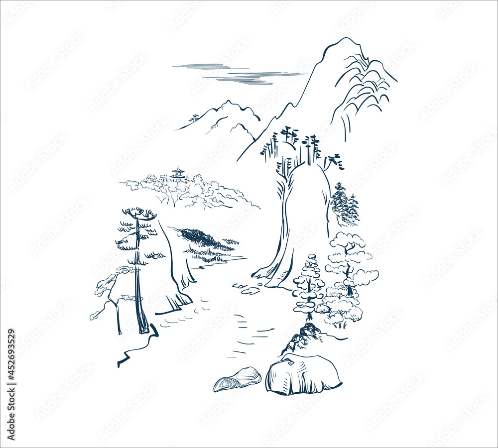 mountains nature landscape view vector sketch illustration japanese ...