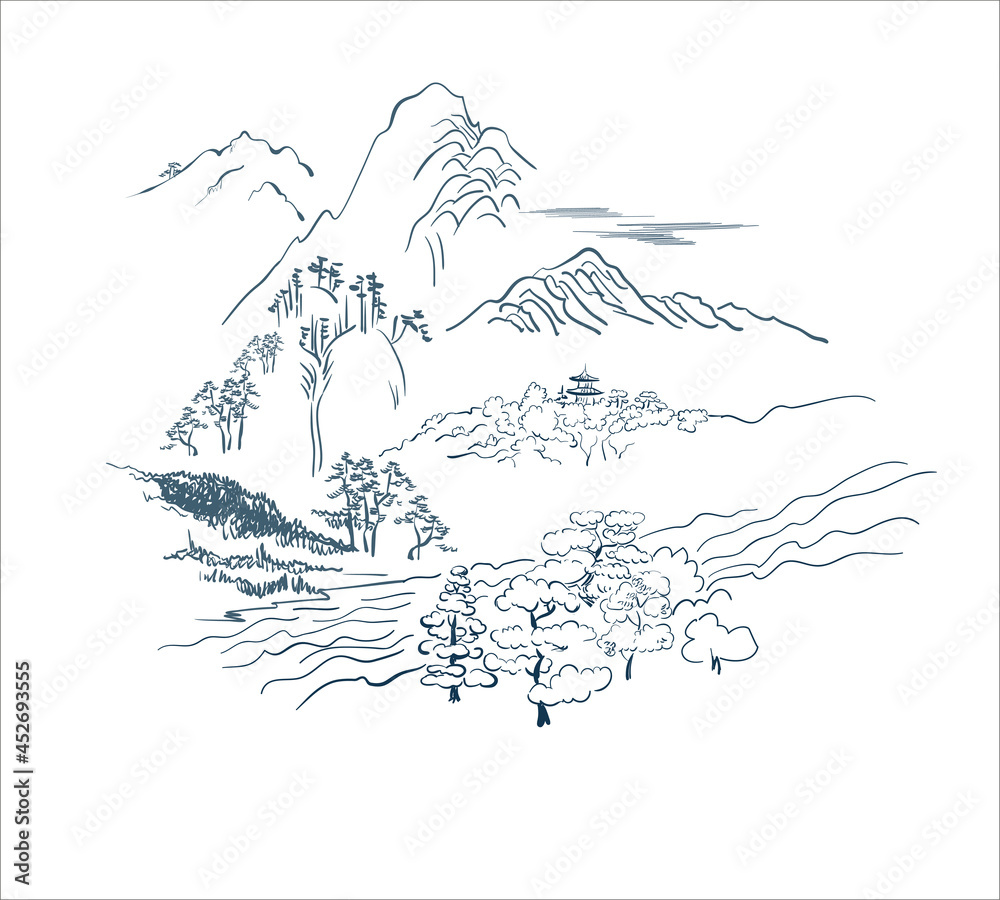 mountains nature landscape view vector sketch illustration japanese ...