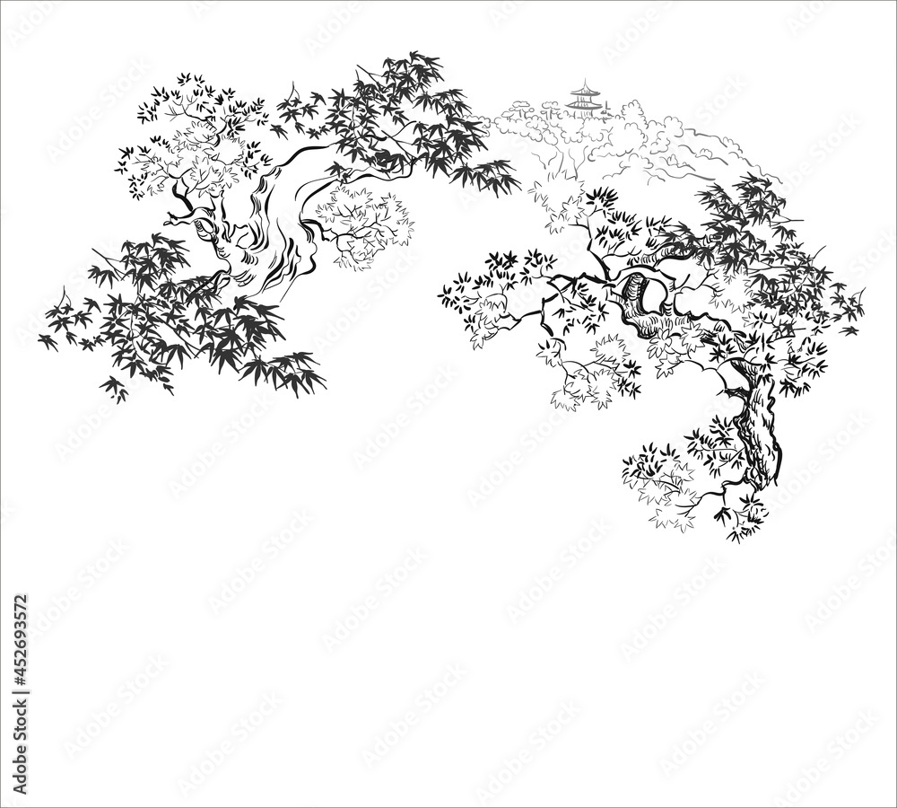 mountains nature landscape view vector sketch illustration japanese ...