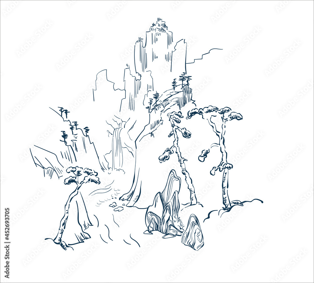 mountains nature landscape view vector sketch illustration japanese ...