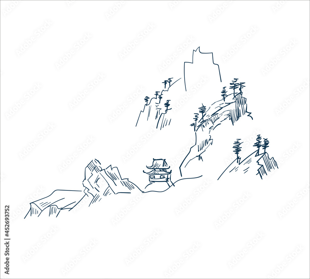 mountains nature landscape view vector sketch illustration japanese ...