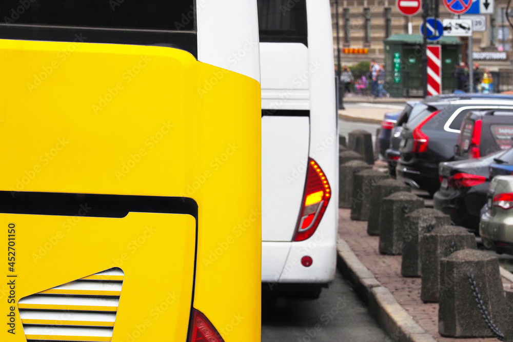 tourist buses on the city street, intercity buses, back view Stock ...