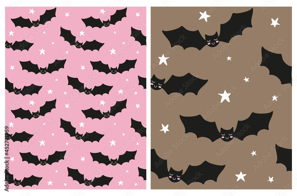 Vetor de Cute Hand Drawn Halloween Pattern with Funny Bats Isolated on ...