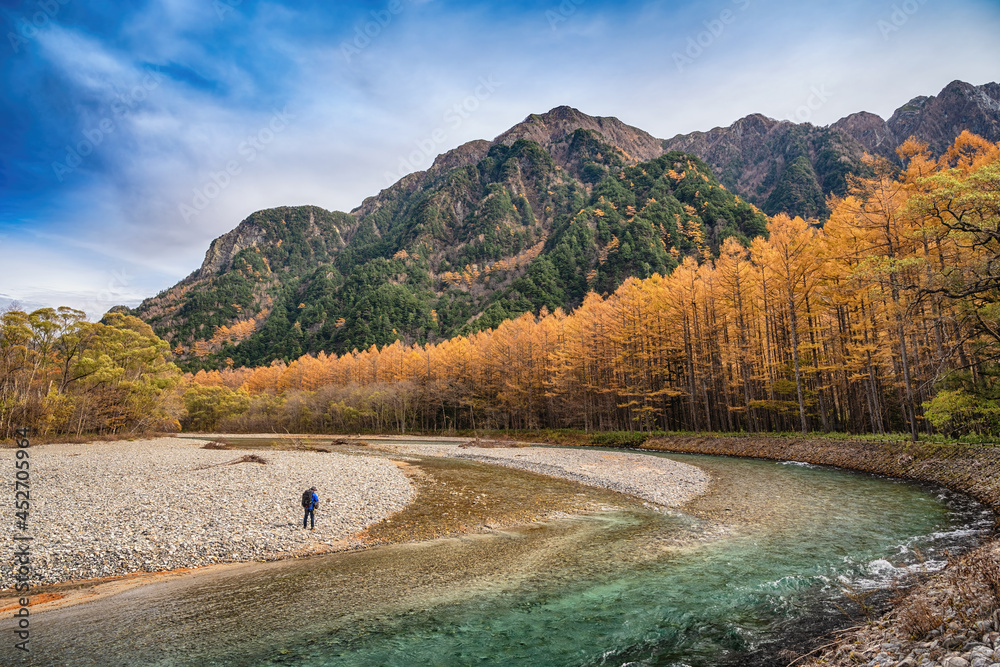 Nature landscape at Kamikochi Japan, autumn fall foliage with pond and ...