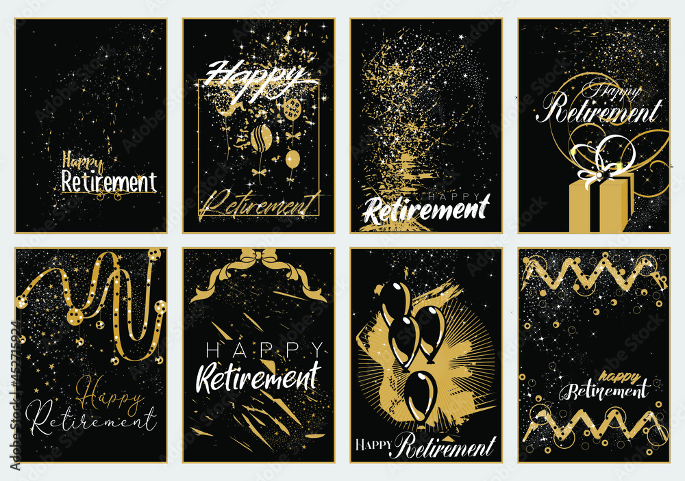 Vector illustration of Happy Retirement posters in black and gold color ...