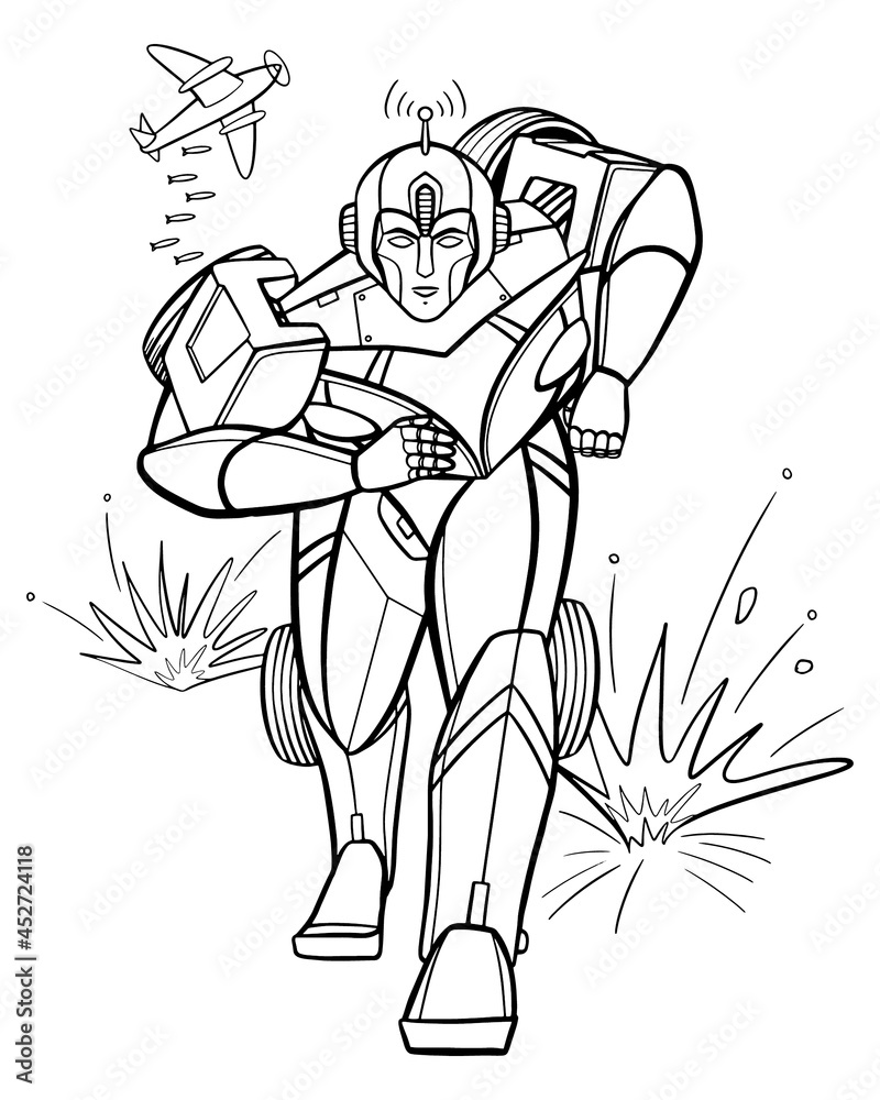 Running robot. Bomber plane. Page of coloring book. Vector illustration ...