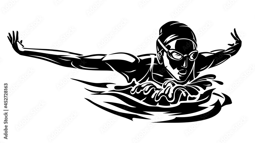 Female Athlete Swimmer, Butterfly Stroke Shadowed Illustration Stock ...