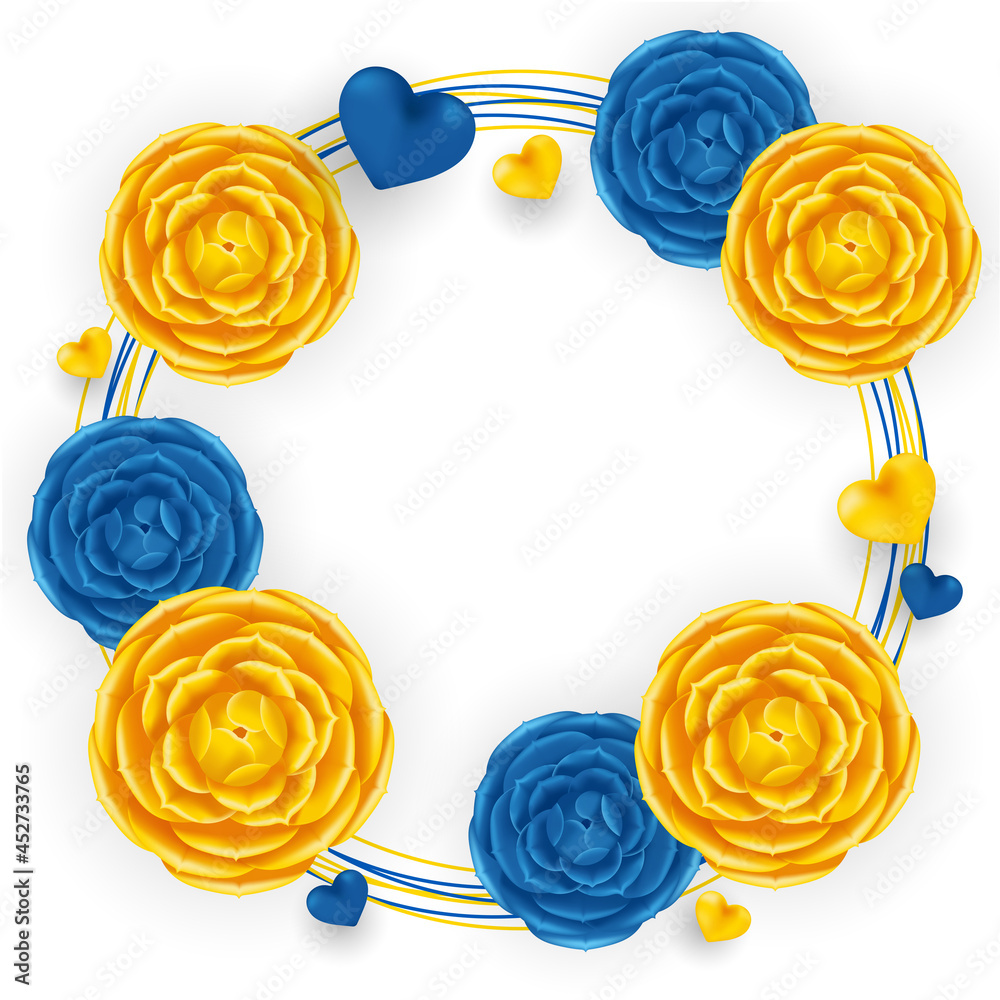 Floral round frame with beautiful blue and yellow flowers and hearts ...