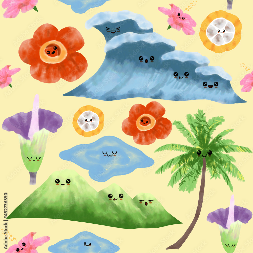 Seamless Pattern of Indonesia Iconic Natural Features Illustration ...