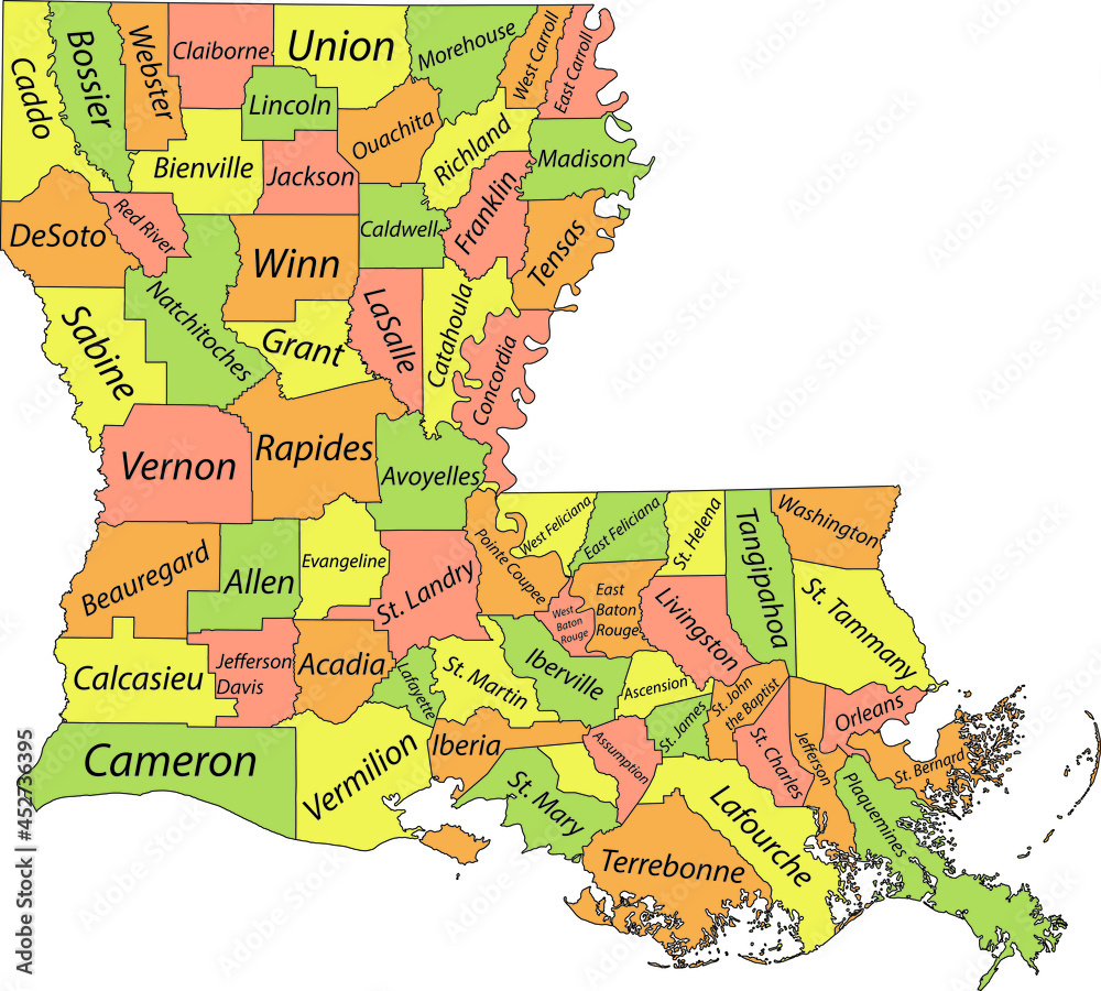 Pastel vector map of the Federal State of Louisiana, USA with black ...