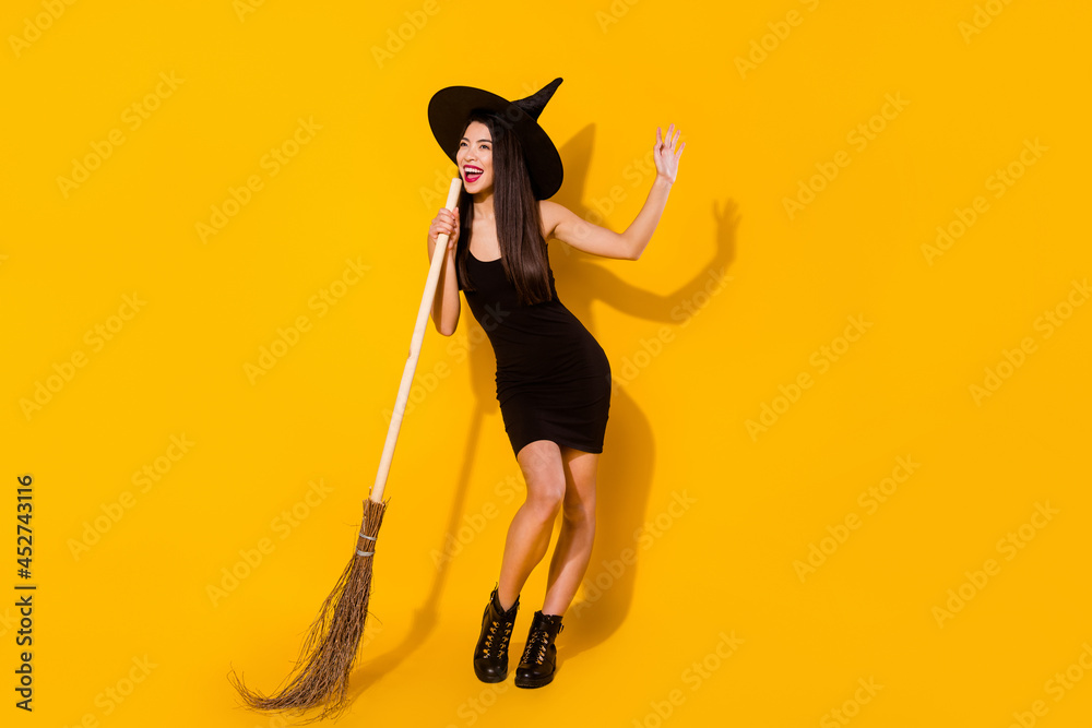Full size photo of sing witch millennial lady with broom wear black ...